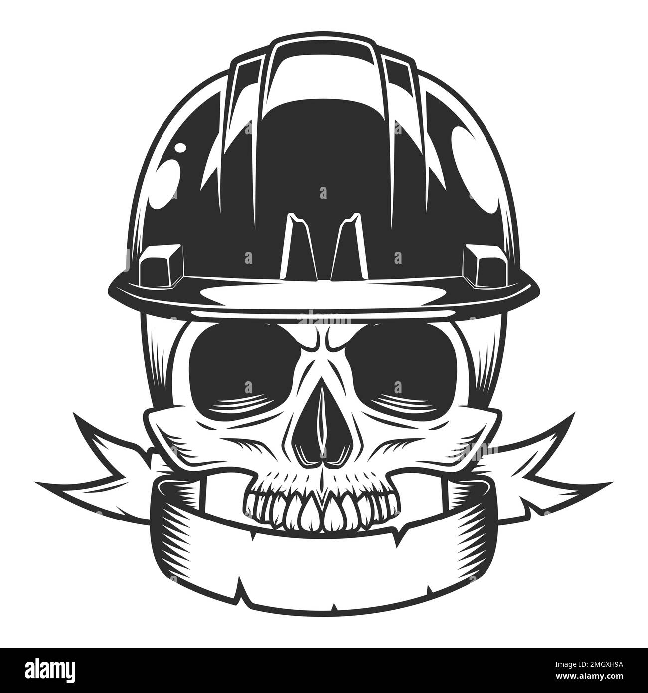 Builder skull in hard hat with ribbon from business new construction ...