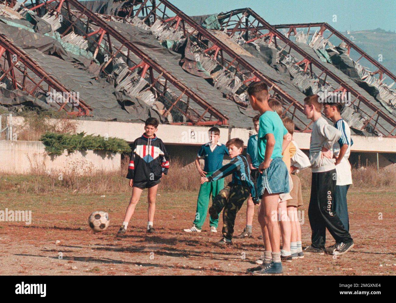 Boys play soccer on Sunday October 15, 1995, in a makeshift sports ...