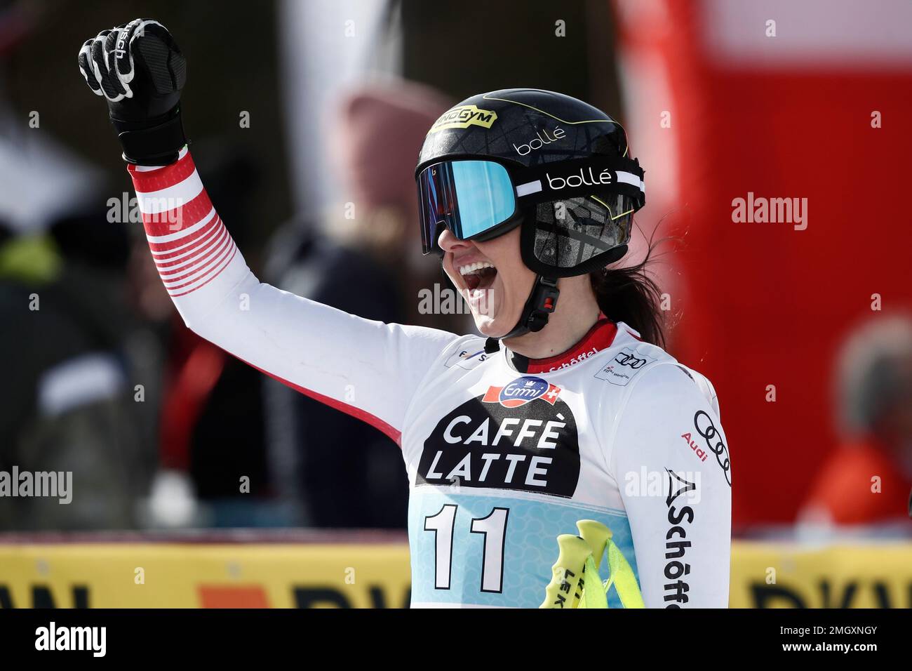 Austria's Stephanie Venier celebrates at the finish area of an alpine ...