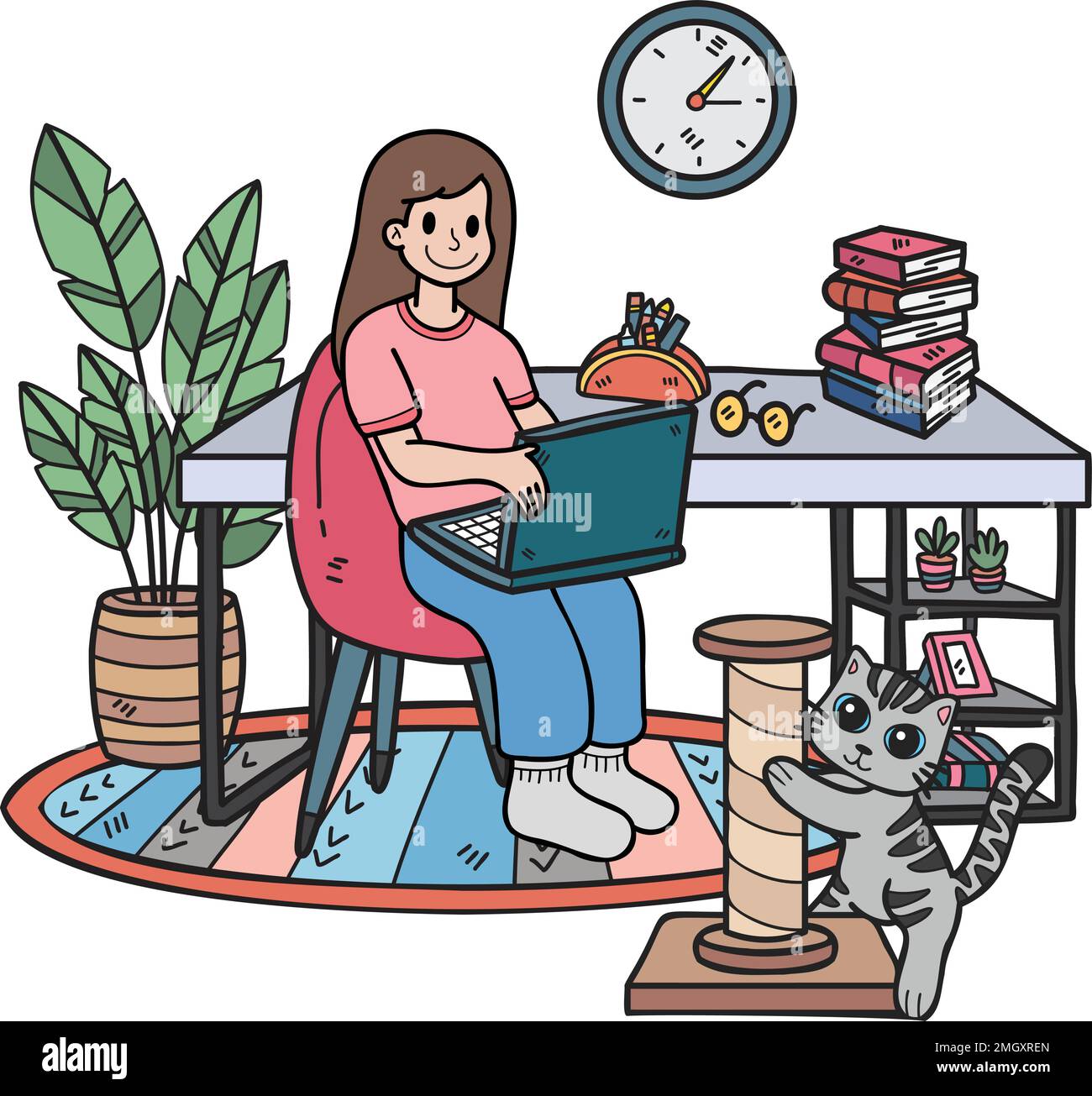 Hand Drawn Woman working on laptop with cat in office illustration in ...