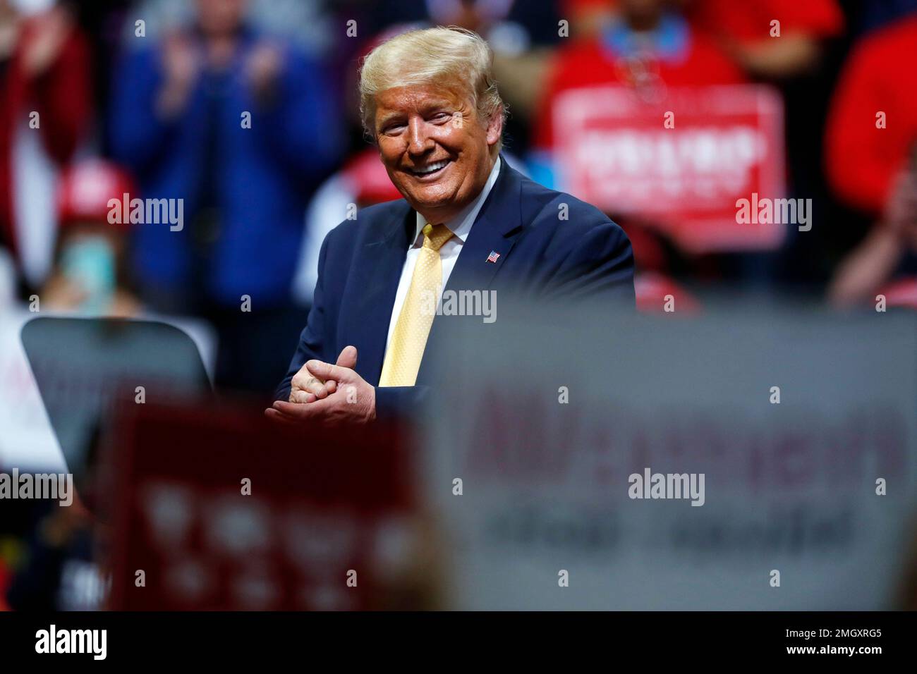 President Donald Trump speaks at a campaign rally Thursday, Feb. 20 ...