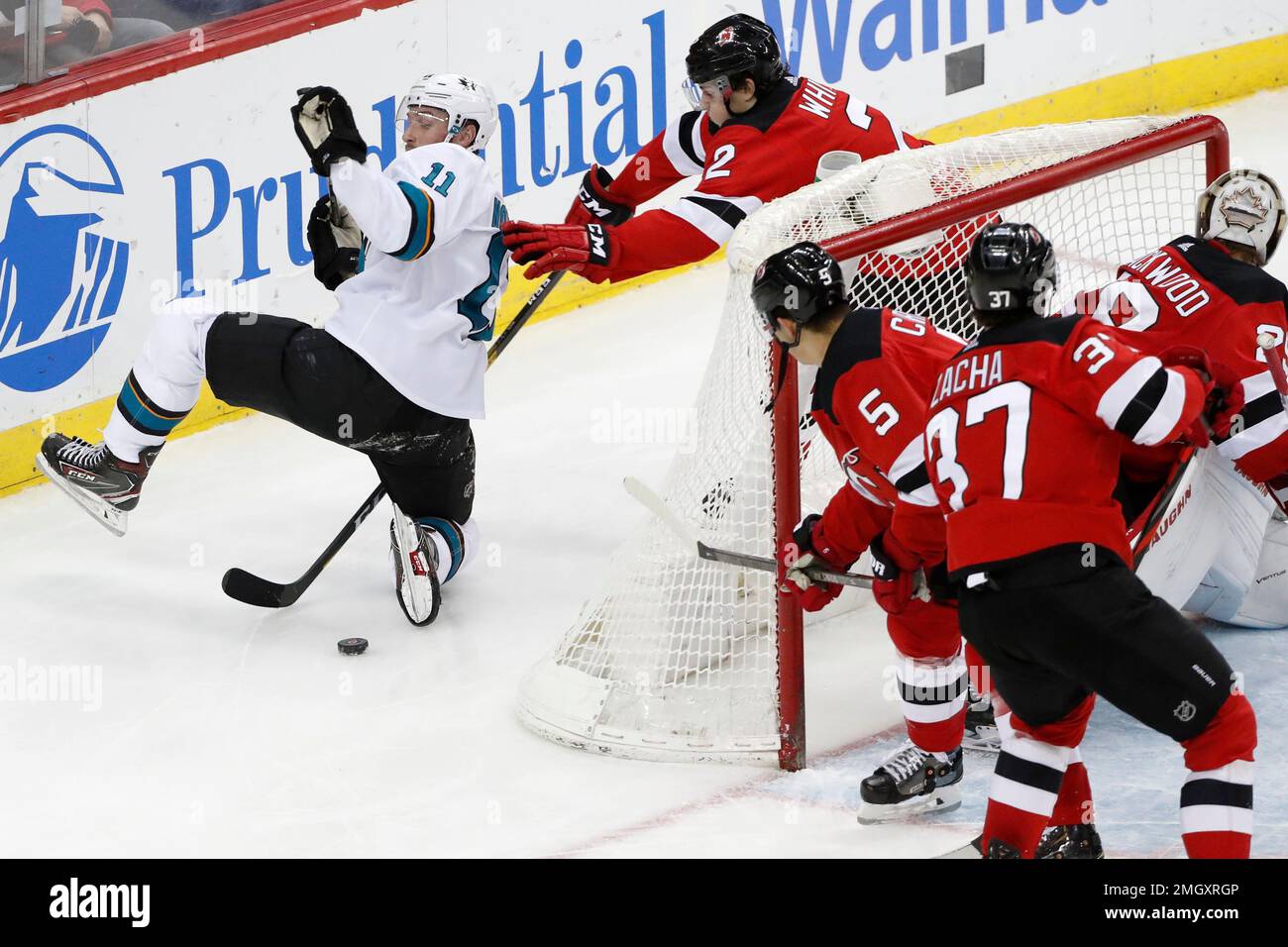New Jersey Devils defenseman Colton White (2) passes to a teammate ...