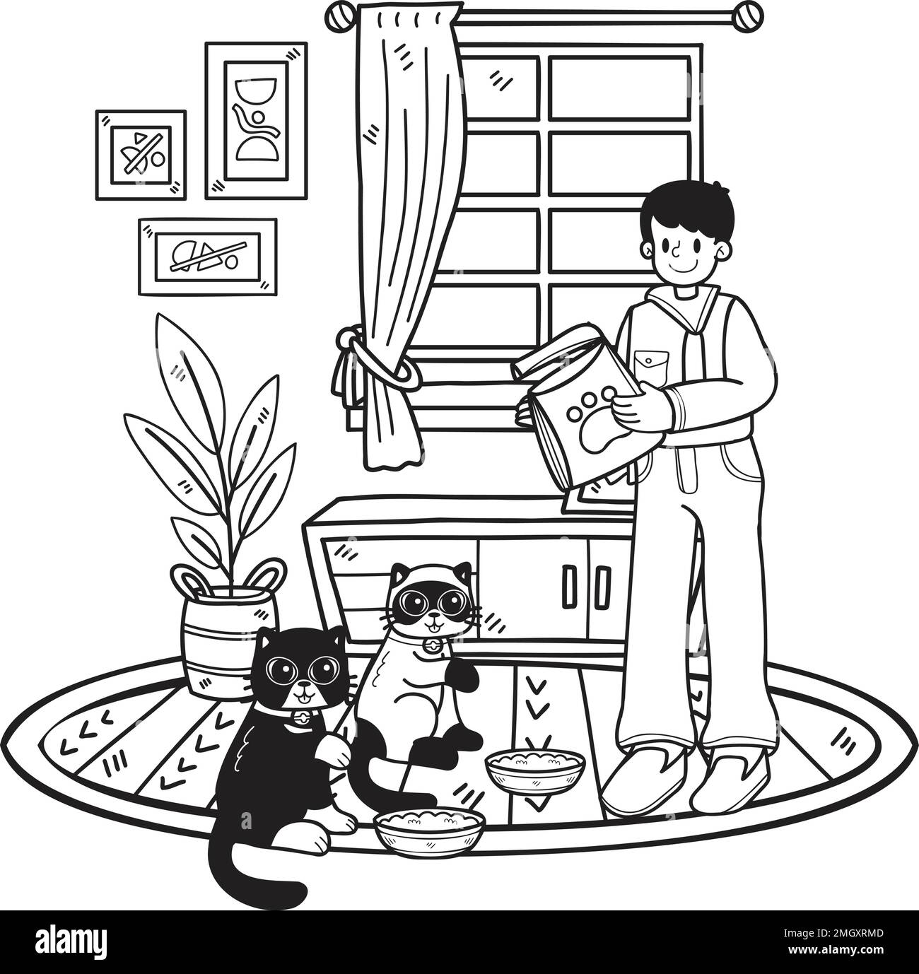 Hand Drawn The owner feeds the cats in the room illustration in doodle ...
