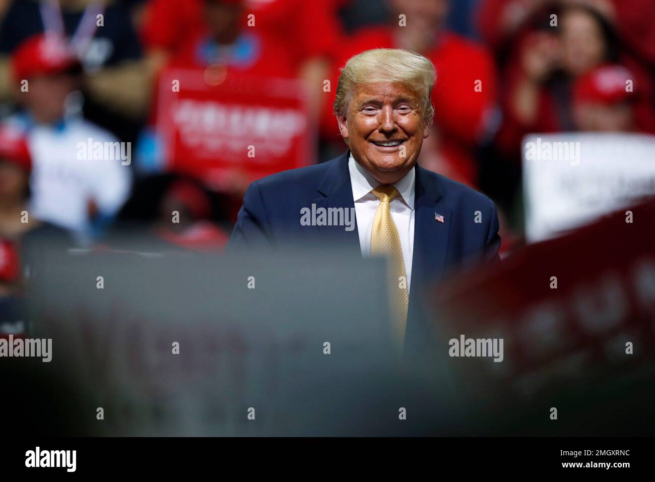 President Donald Trump speaks at a campaign rally Thursday, Feb. 20 ...
