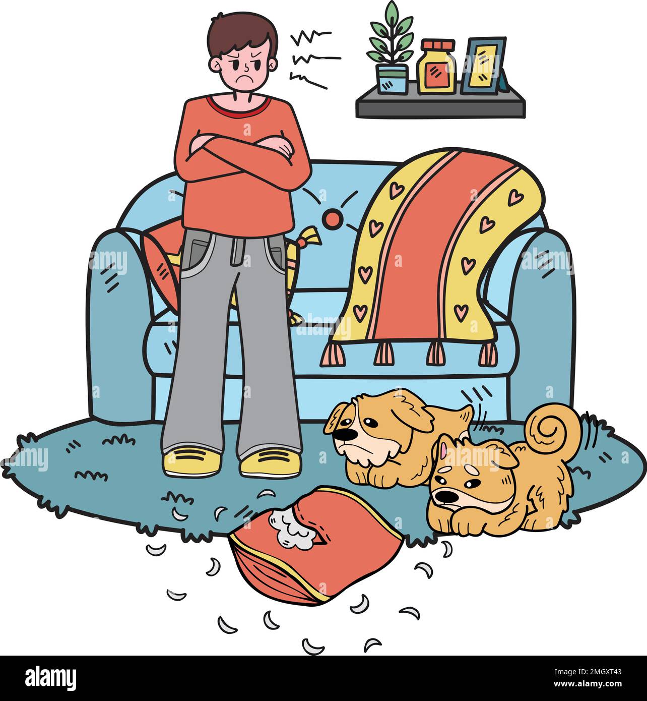 Hand Drawn owner is angry dog messed up the room illustration in doodle ...