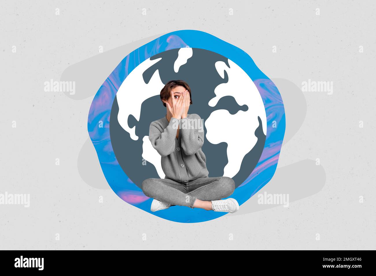 Collage 3d image of pinup pop retro sketch of young scared woman hide ...