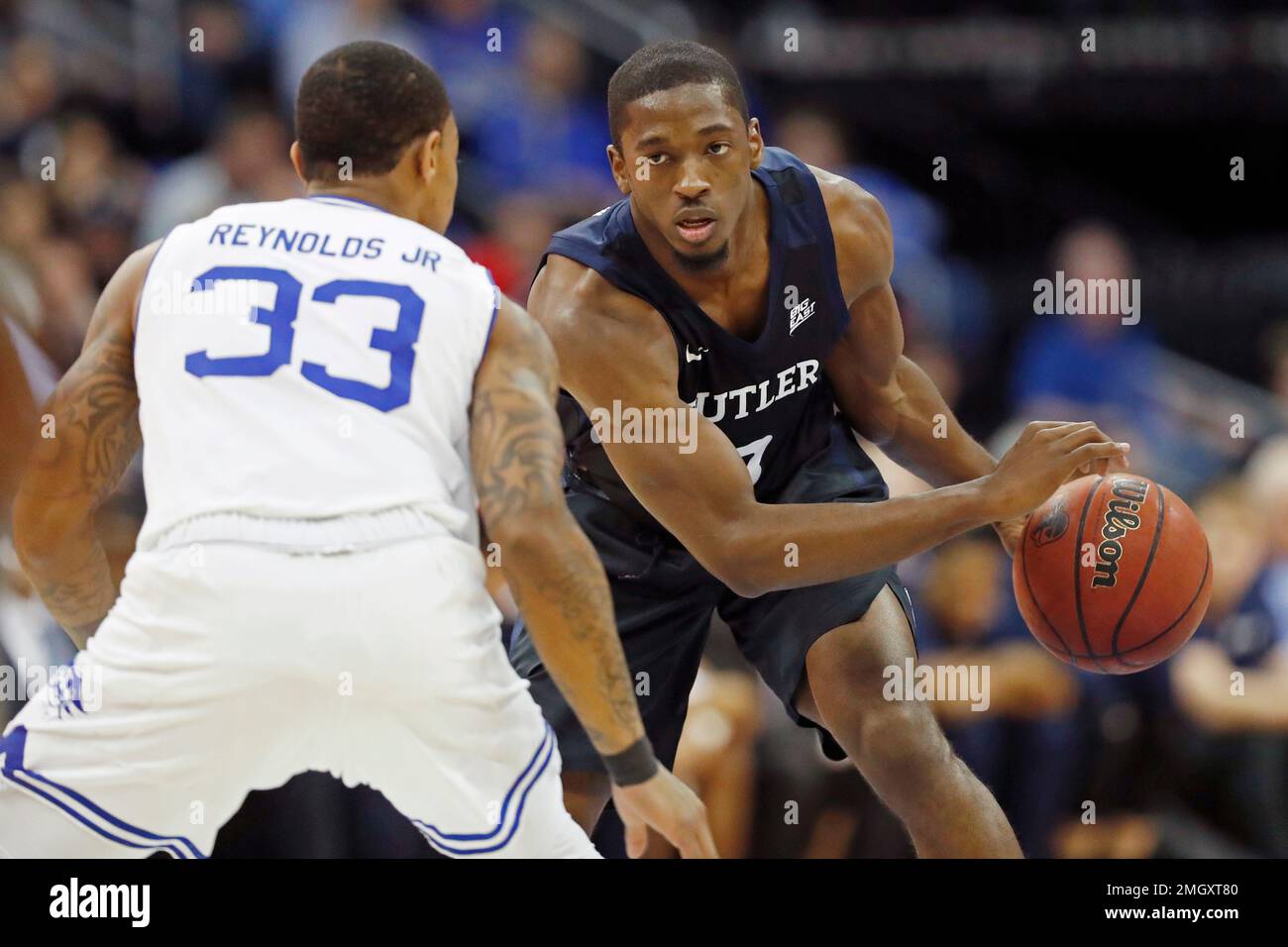 Butler guard Kamar Baldwin (3) tries to make his way around Seton Hall ...