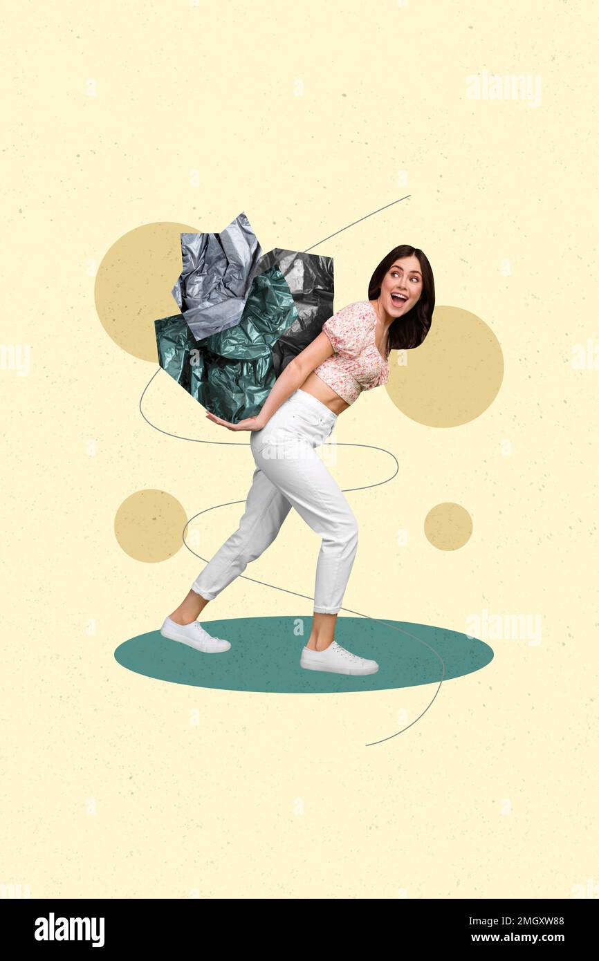 Creative trend collage of young pretty woman carry hold trash rubber ...