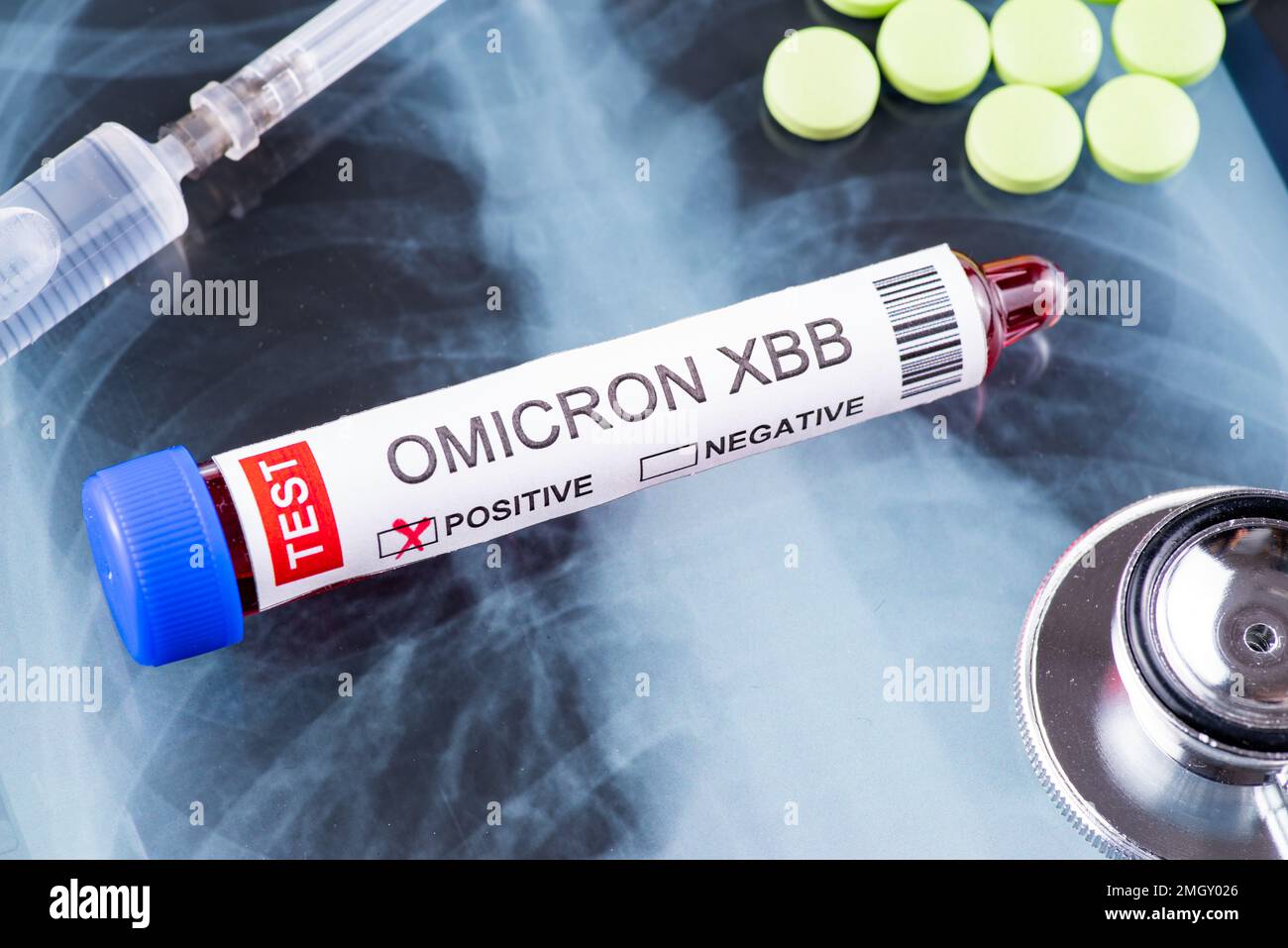 Test tube labelled "OMICRON XBB variant test positive Stock Photo - Alamy