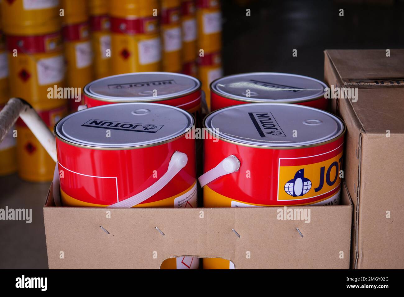 Batam, Indonesia—January 15, 2023: Piles of Jotun brand paint cans ...