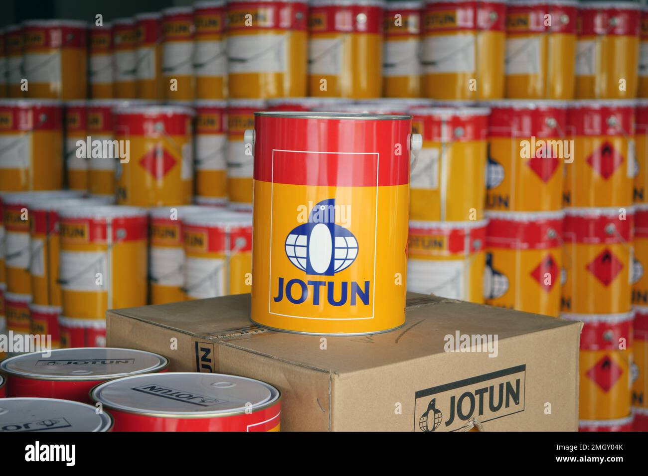 Batam, Indonesia—January 15, 2023: Piles of Jotun brand paint cans ...