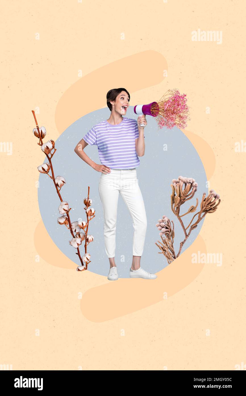 Composite collage picture image of pretty cute young woman loudspeaker ...