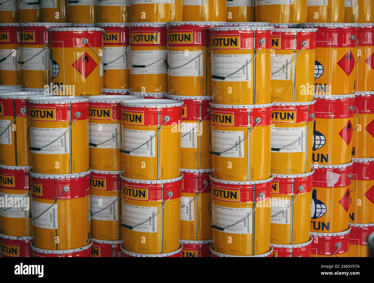 Batam, Indonesia—January 15, 2023: Piles of Jotun brand paint cans ...