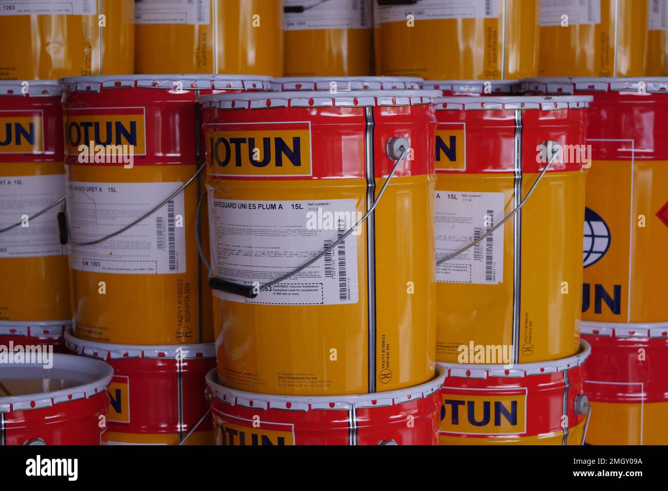 Batam, Indonesia—January 15, 2023: Piles of Jotun brand paint cans ...