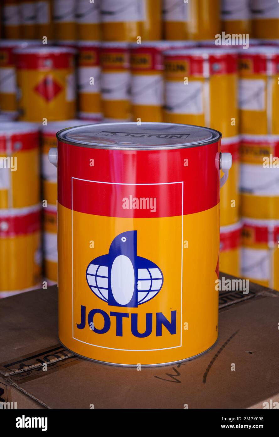 Batam, Indonesia—January 15, 2023: Piles of Jotun brand paint cans ...