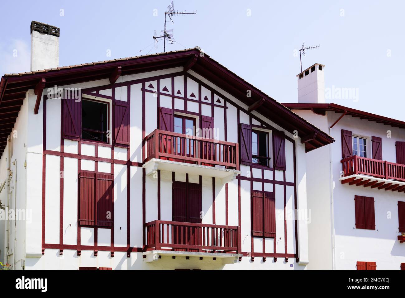 Traditional bask facades with colorful shutter in Basque Country France ...