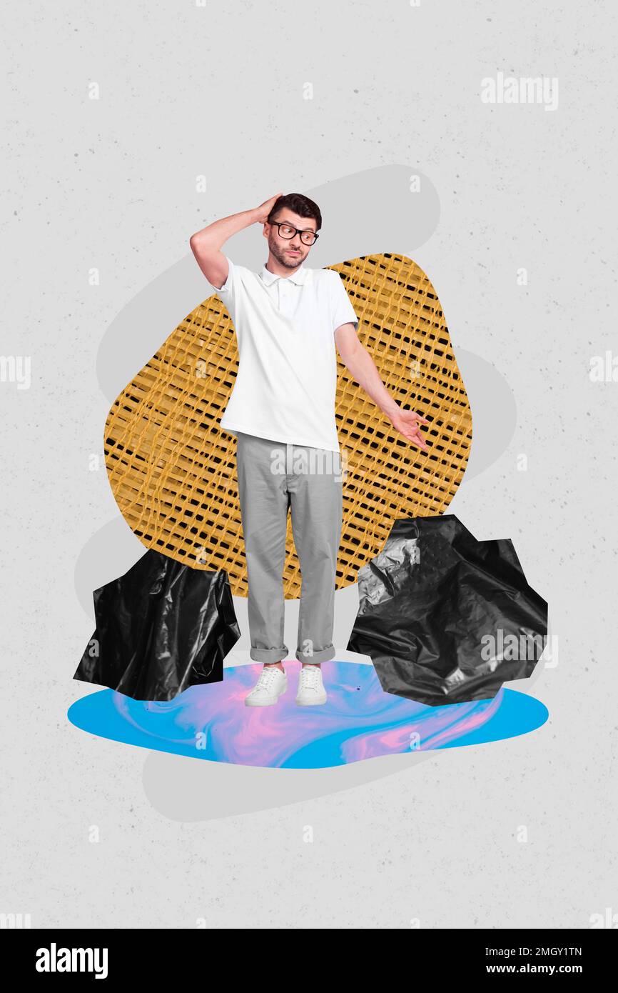 Vertical creative collage image of confused young man trash rubber ...