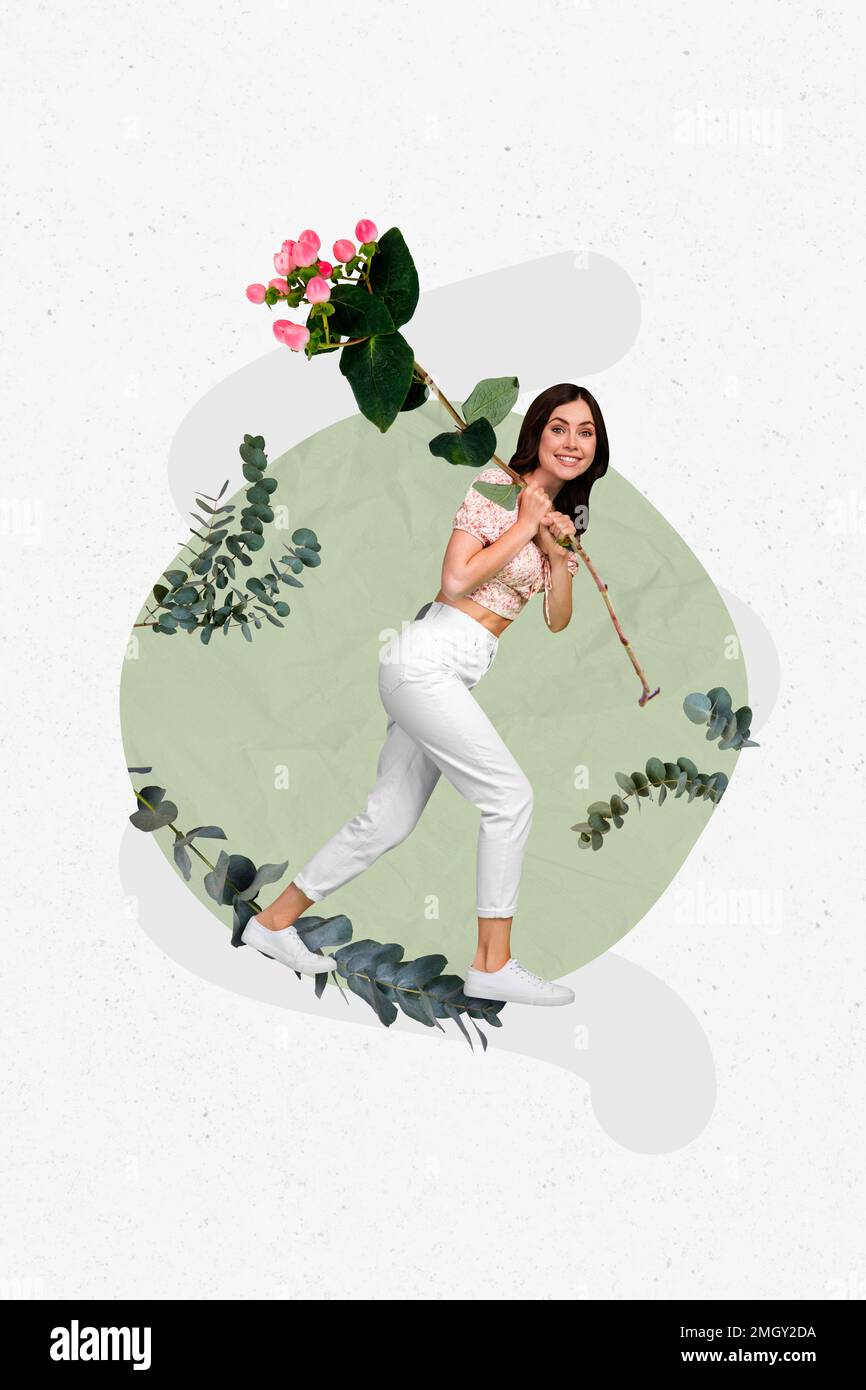 Creative trend collage of excited optimistic young woman going carry ...