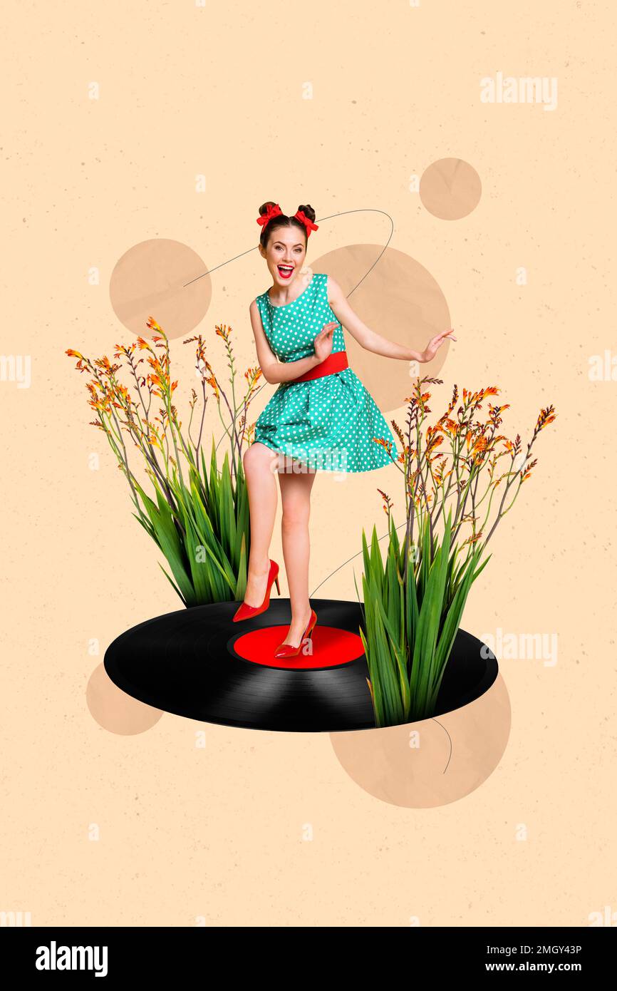 Collage photo of young attractive dancing nostalgia retro music natural ...