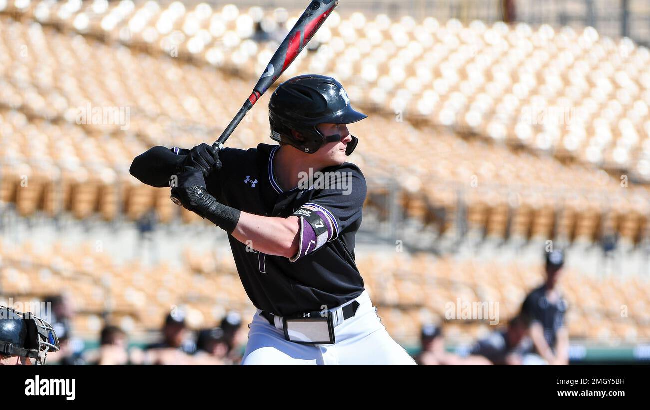 Northwestern Wildcats David Dunn (7) stands at bat against the Omaha ...