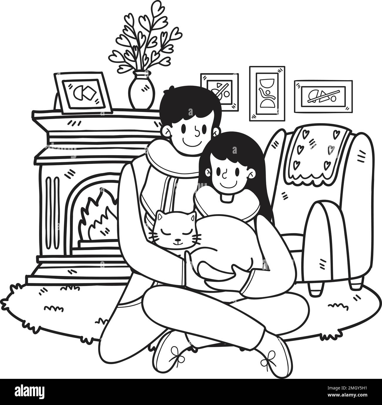 Hand Drawn Man and woman couple hugging a cat in the room illustration ...