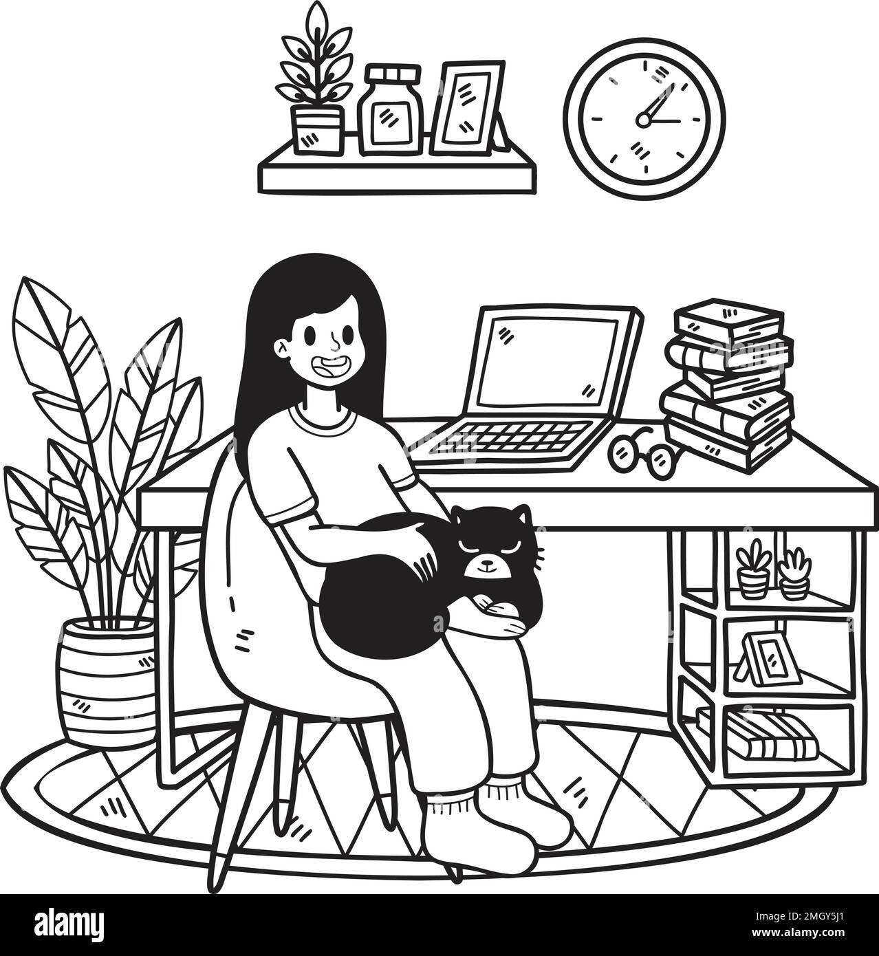 Hand Drawn The owner sits and hugs the cat in the office illustration ...