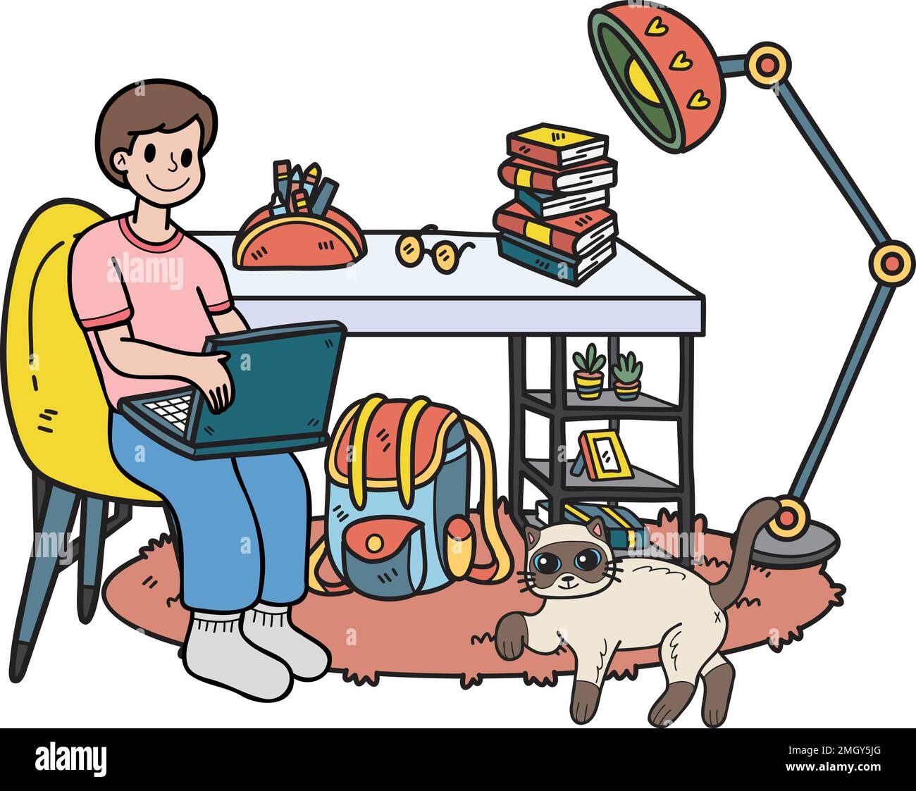 Hand Drawn Owner working on laptop with cat in office illustration in ...