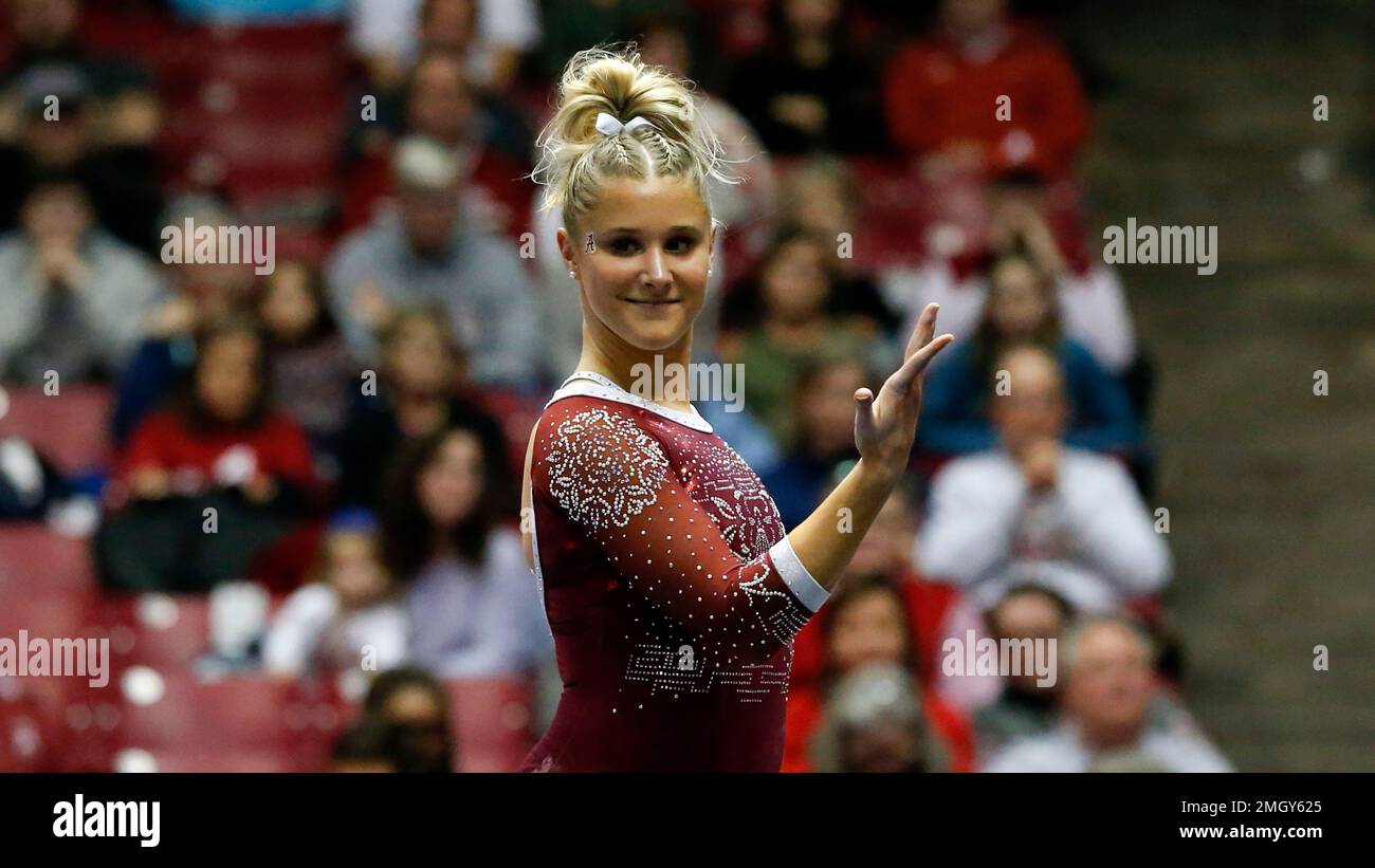 Alabama's Made Desch competes during an NCAA Women's gymnastics meet ...