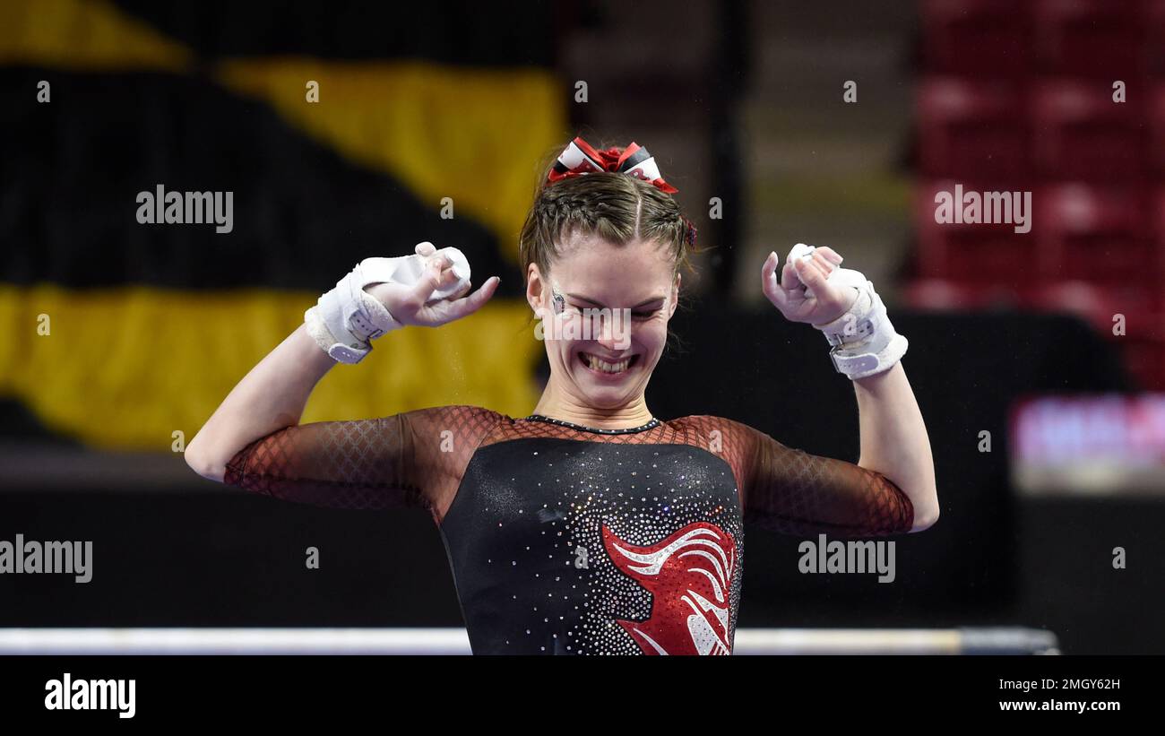 Rutgers' Shannon Farrell competes during an NCAA gymnastics meet ...