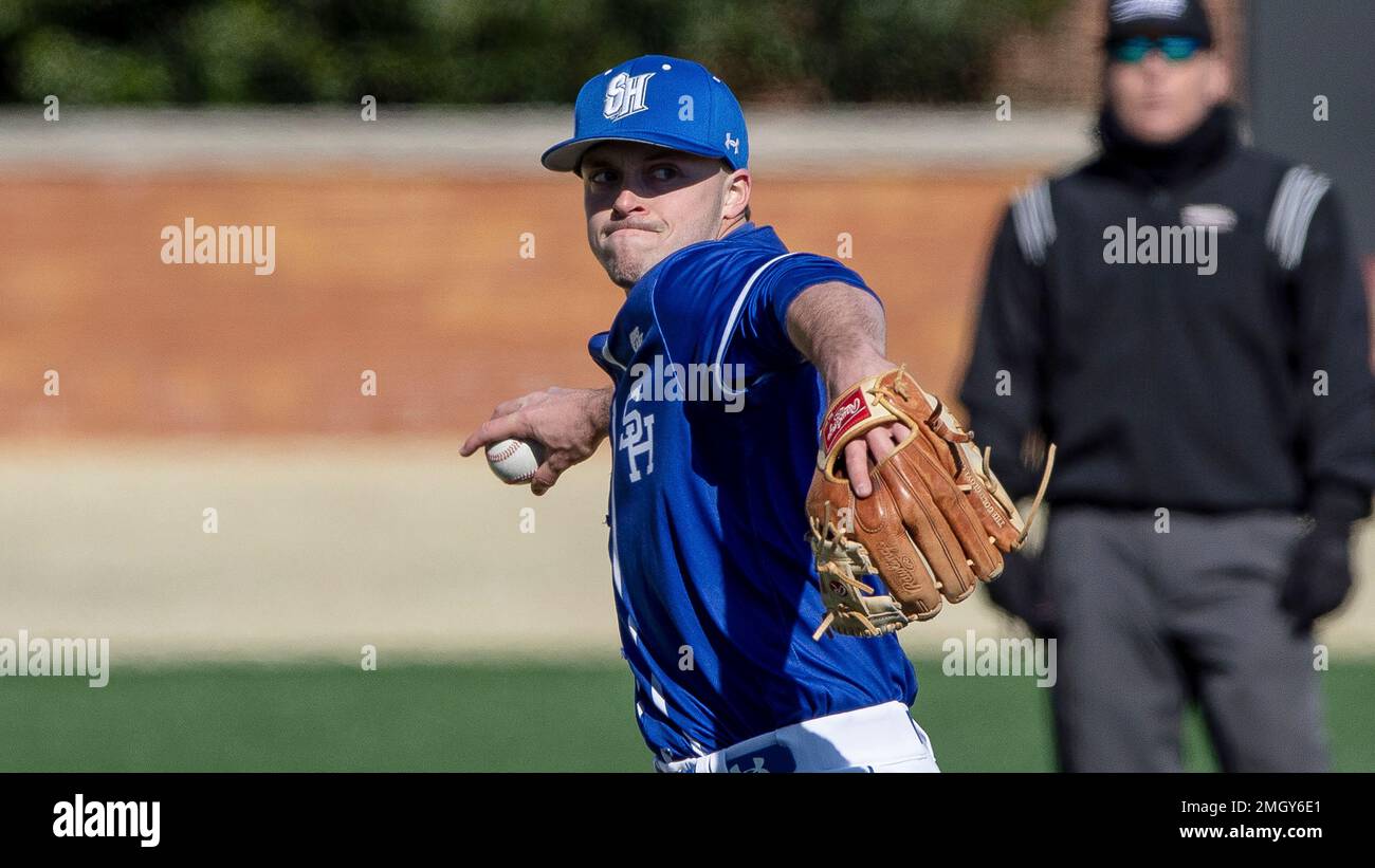 Seton Hall's Connor Hood (35) makes a throw during an NCAA baseball ...