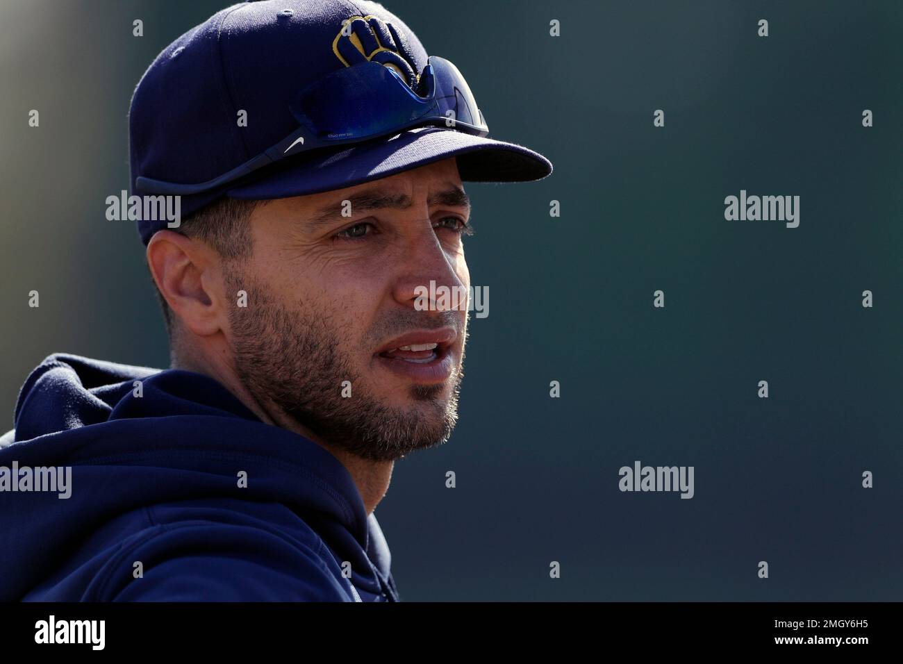 Milwaukee Brewers' Ryan Braun looks on during spring training baseball ...