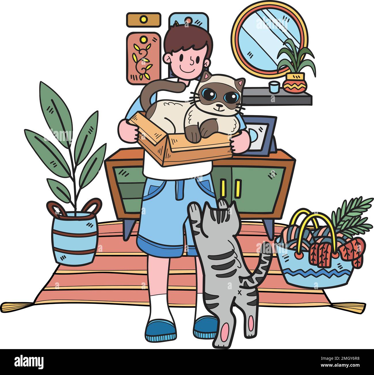 Hand Drawn The cat begs its owner in the living room illustration in ...