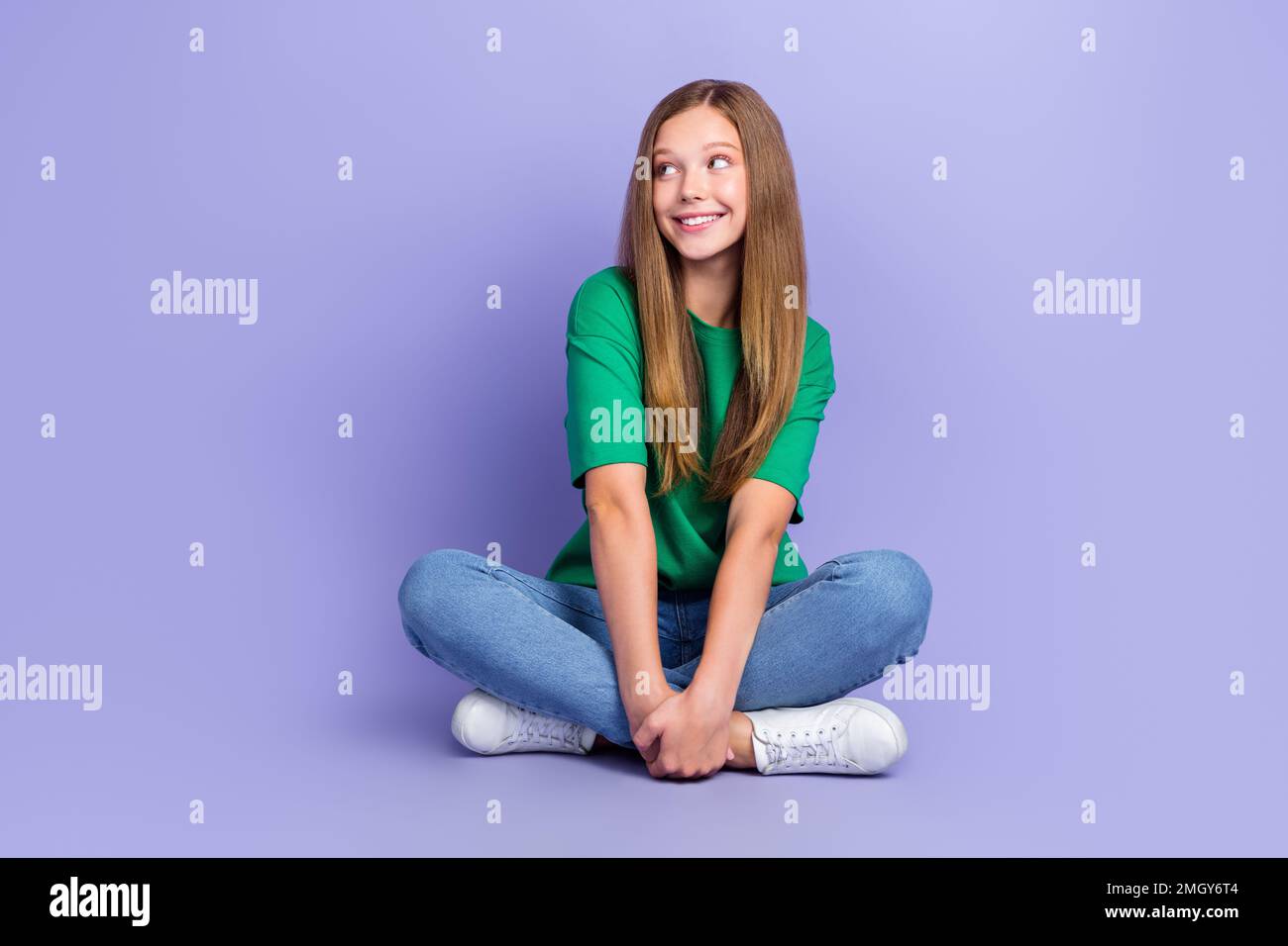 Photo of pretty lovely lady schoolkid sitting floor interested look ...