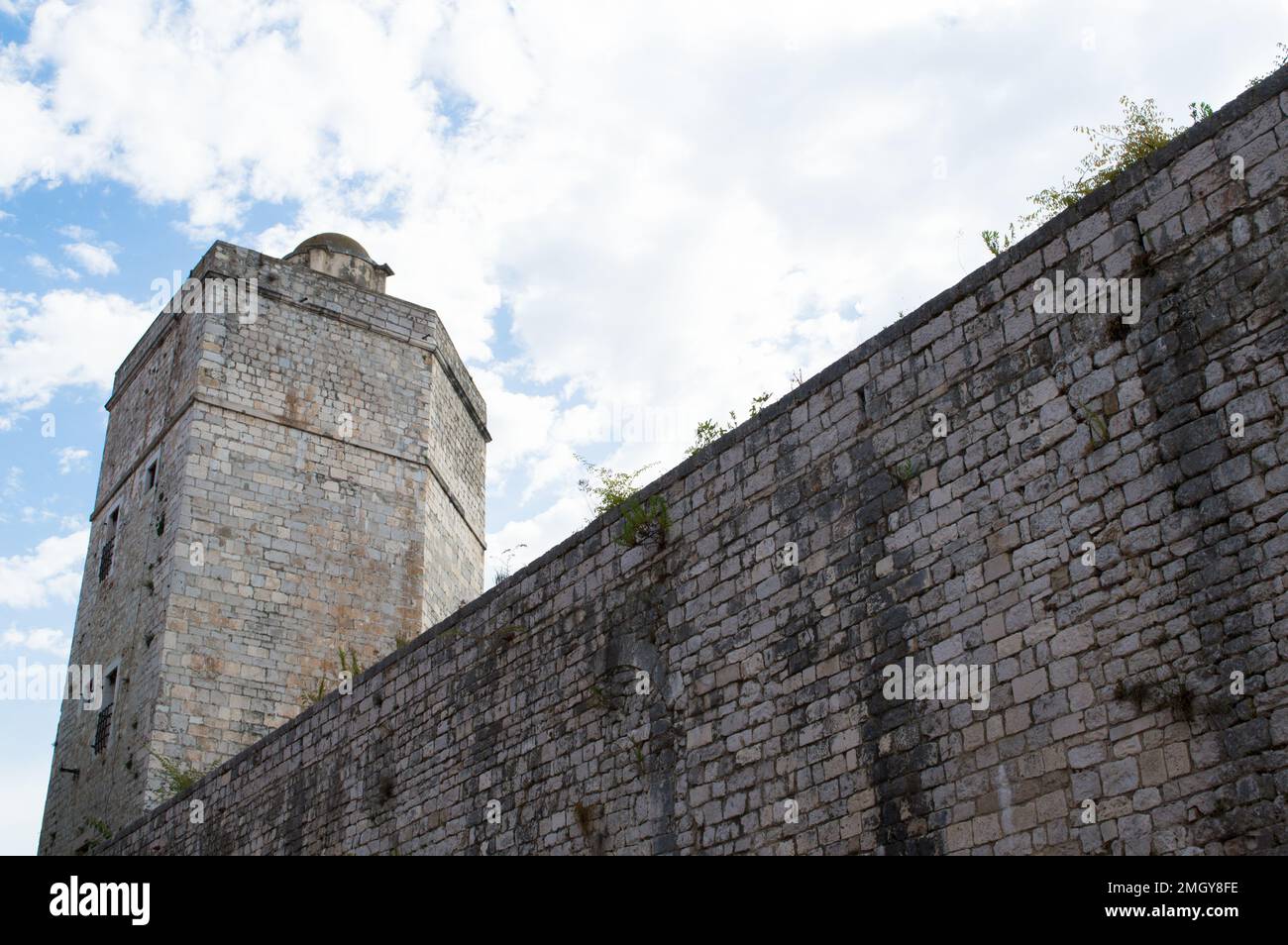 Medieval stone walls and Captain tower in pentagonal shape, build by ...