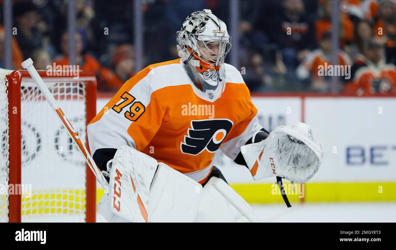Philadelphia Flyers' Carter Hart plays during an NHL hockey game ...
