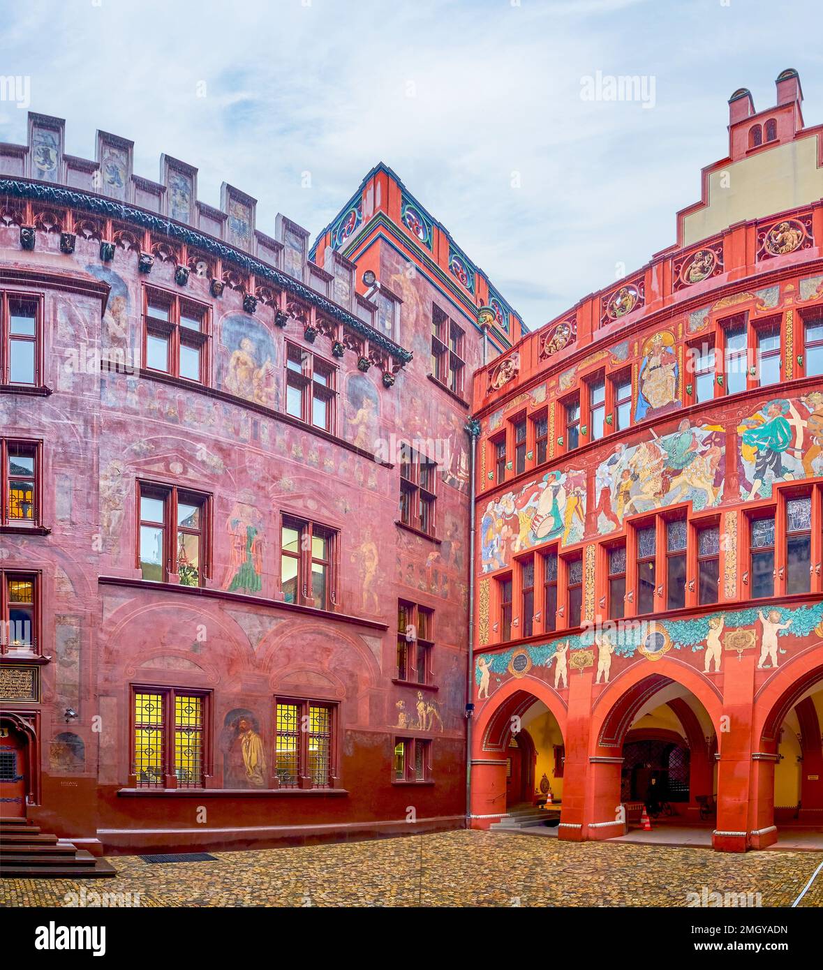 Red walls of Basel Town Hall with historical frescoes, Switzerland ...