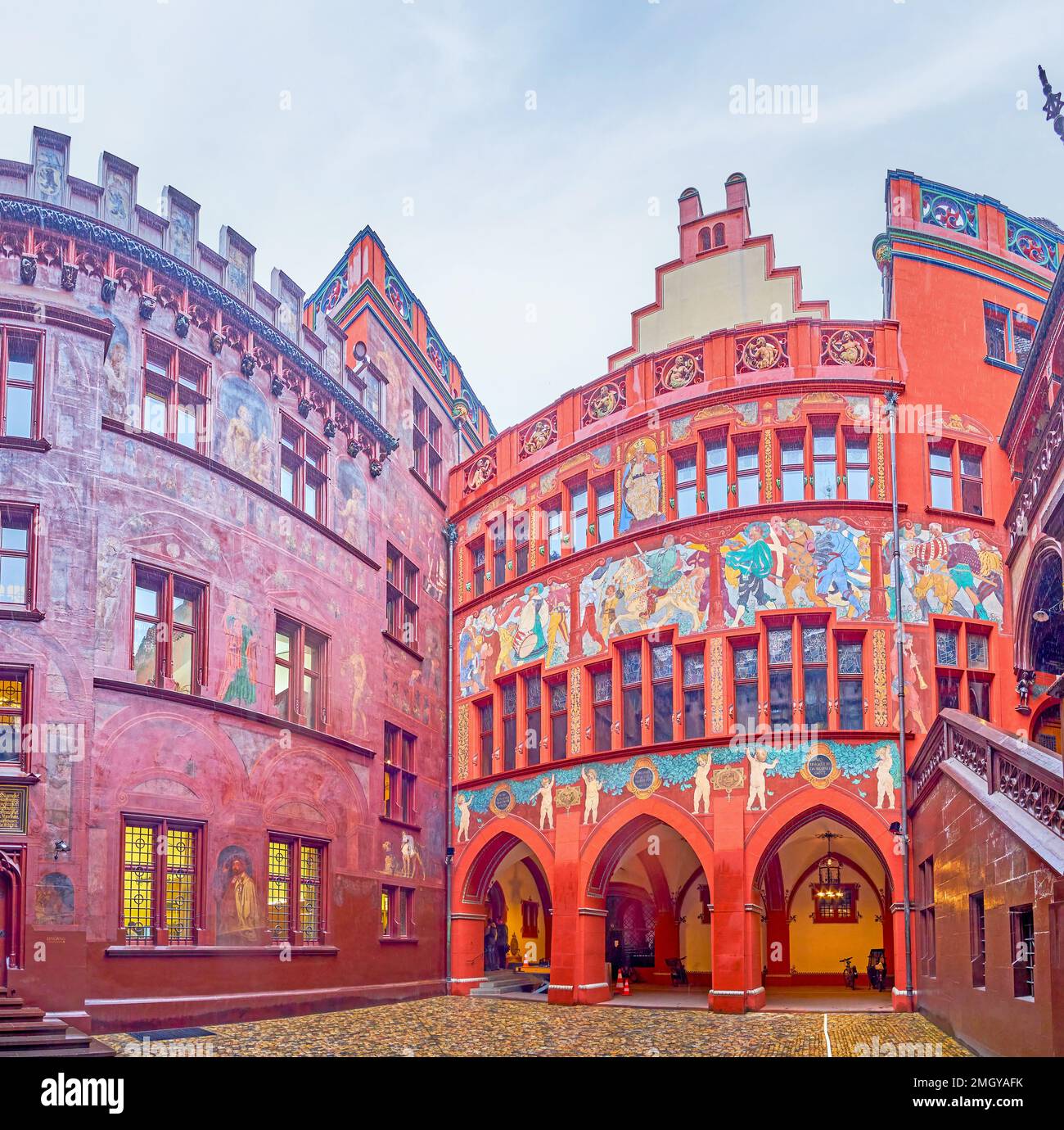 Panorama of Basel town hall courtyard with colorful frescoes ...