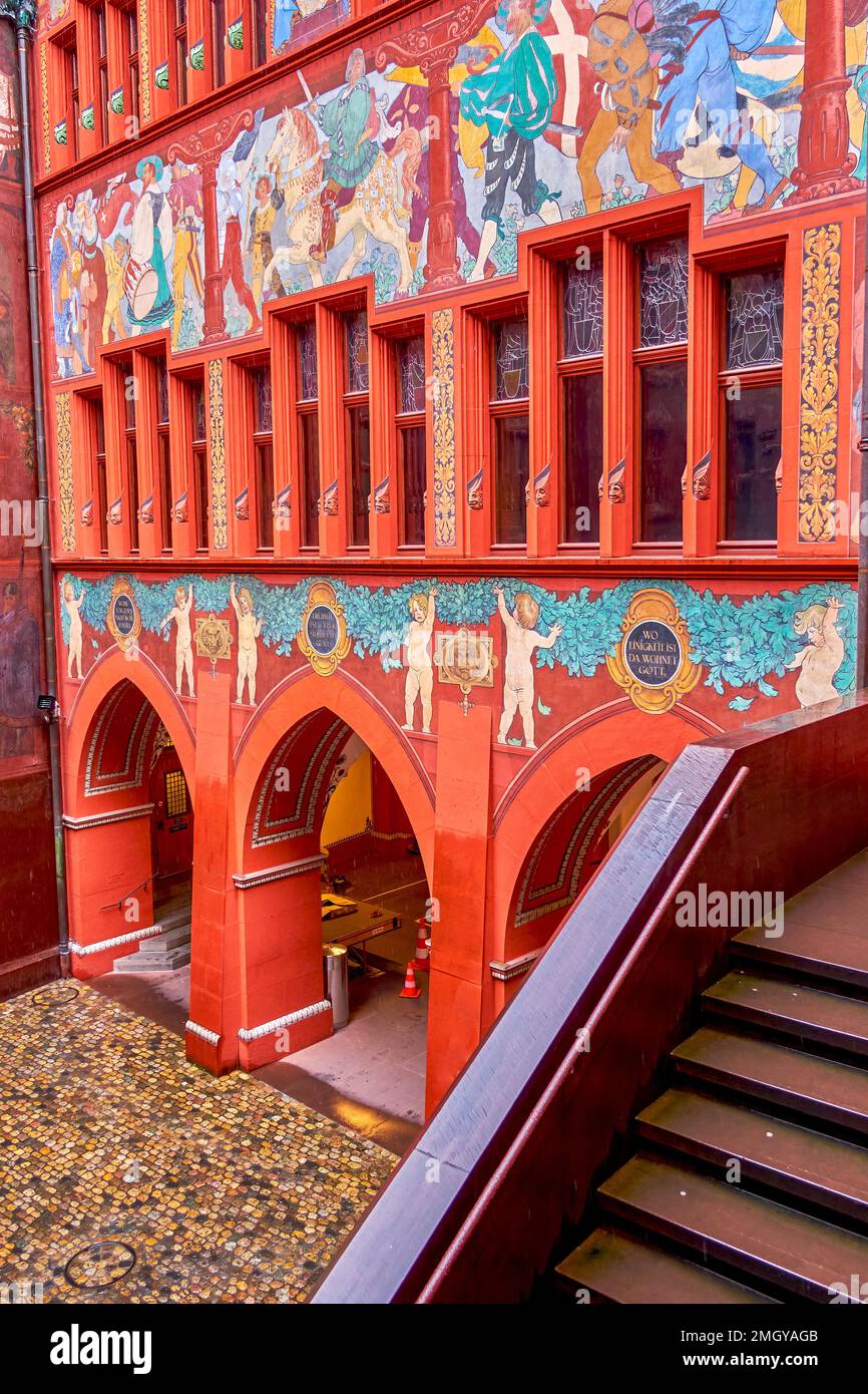 Historic frescoes on red walls of Basel's Town Hall (Basler Rathaus ...