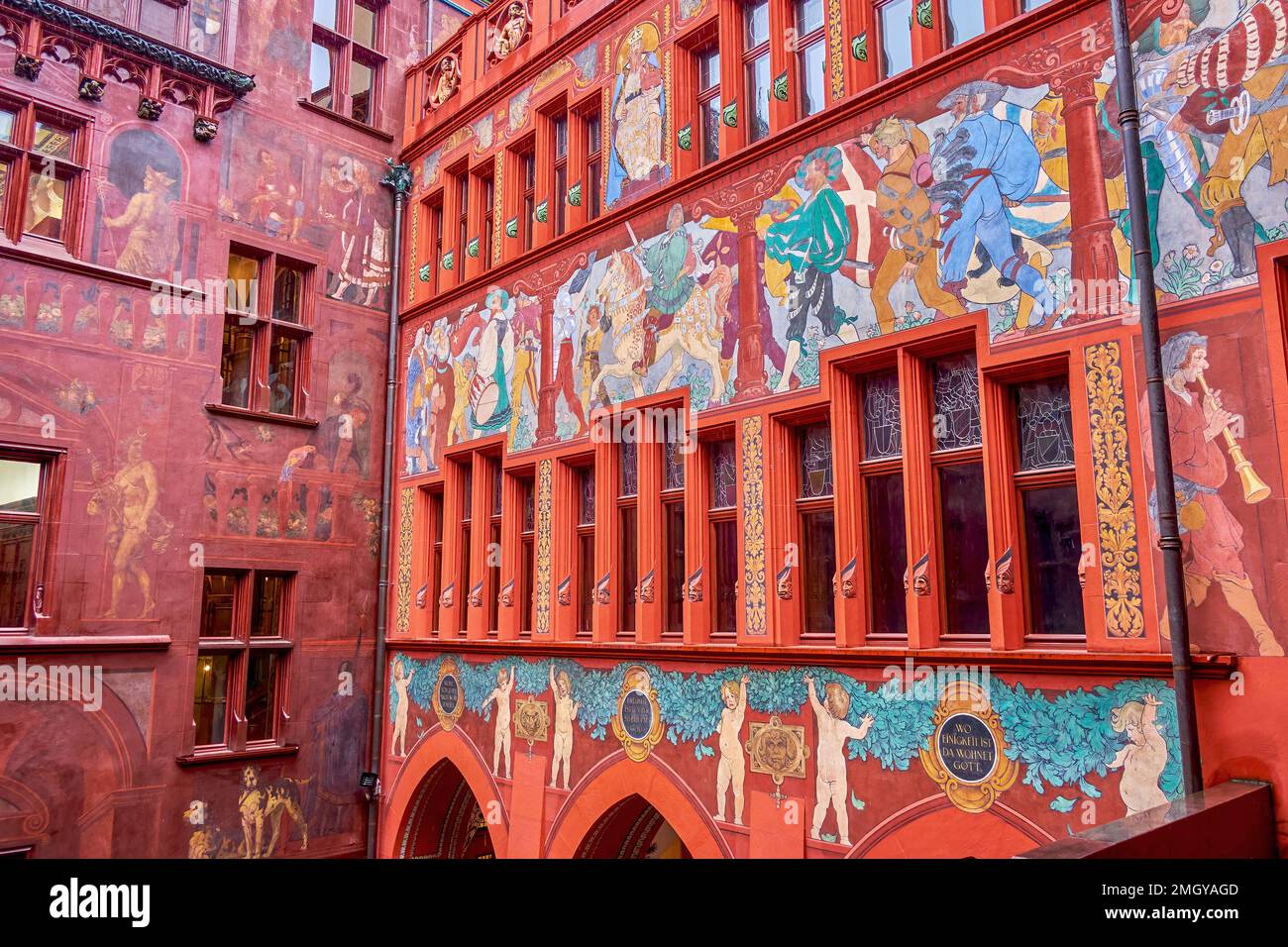 Late-Gothic building of Basel Town Hall with colored frescoes on the ...