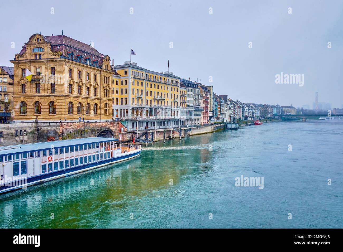 Stunning historical houses on the riverside of Rhine river in Basel ...