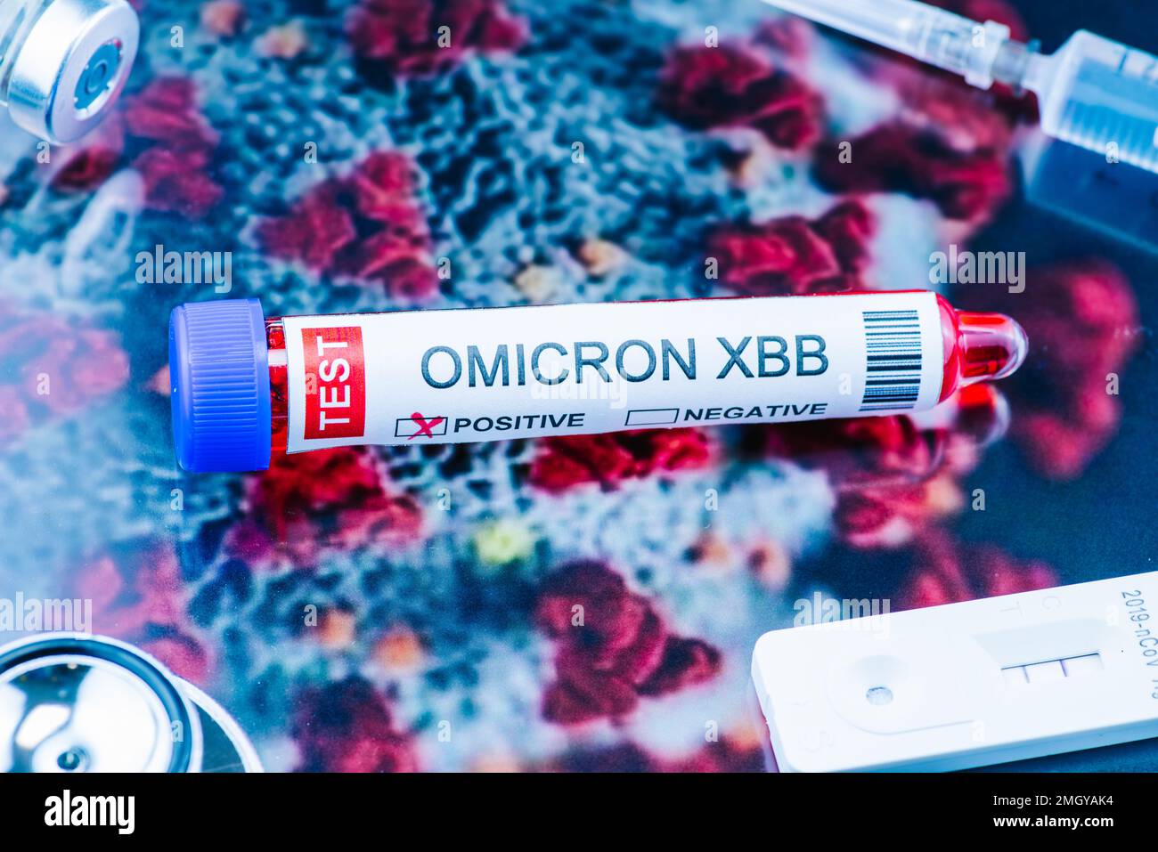 Test tube labelled "OMICRON XBB variant test positive Stock Photo - Alamy