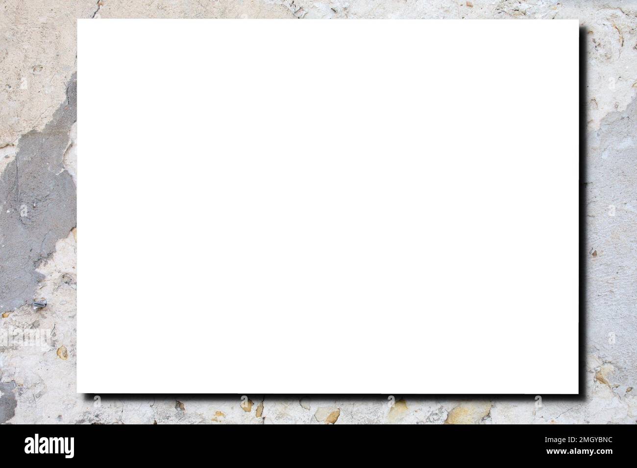 Empty white horizontal rectangle poster mockup with soft shadow on old ...