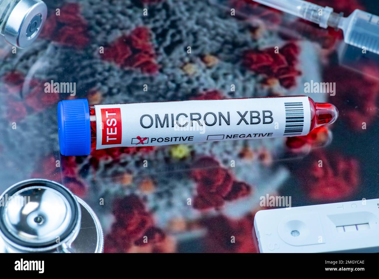 Test tube labelled "OMICRON XBB variant test positive Stock Photo - Alamy