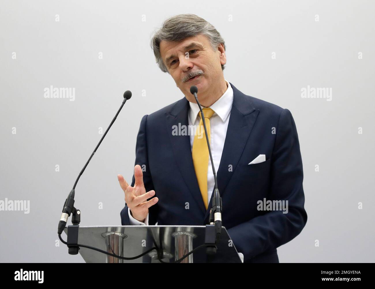 Dr Ralf Speth, CEO of Jaguar Land Rover gives a speech, during a visit ...