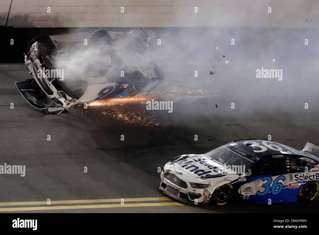 Ryan Newman (6) crashes during the NASCAR Daytona 500 auto race Monday, Feb. 17, 2020, at ...