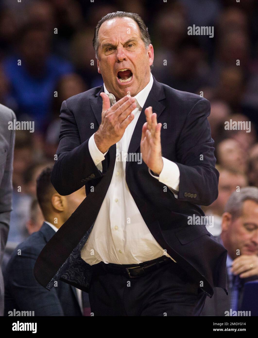 Notre Dame head coach Mike Brey questions an official during the second ...