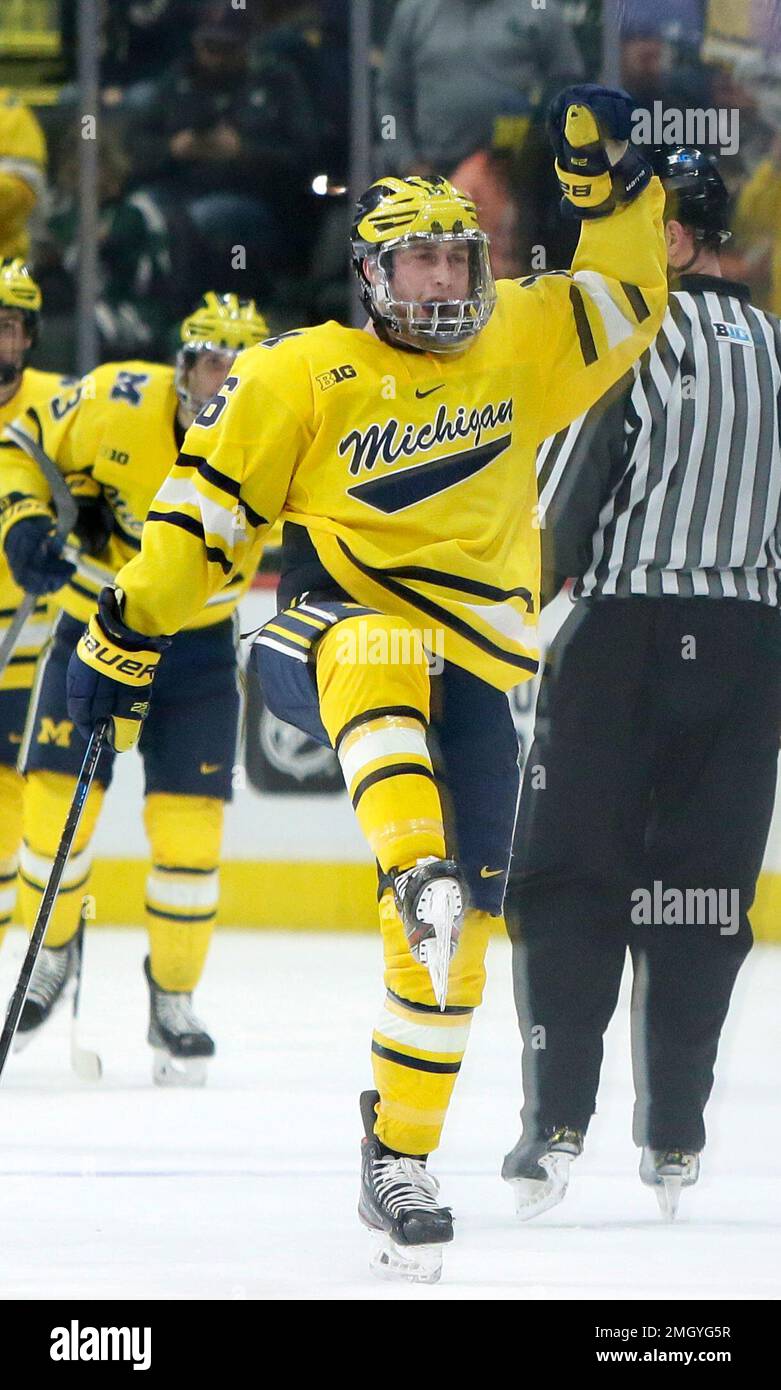 Michigan forward Jacob Hayhurst (16) celebrates his first period goal ...