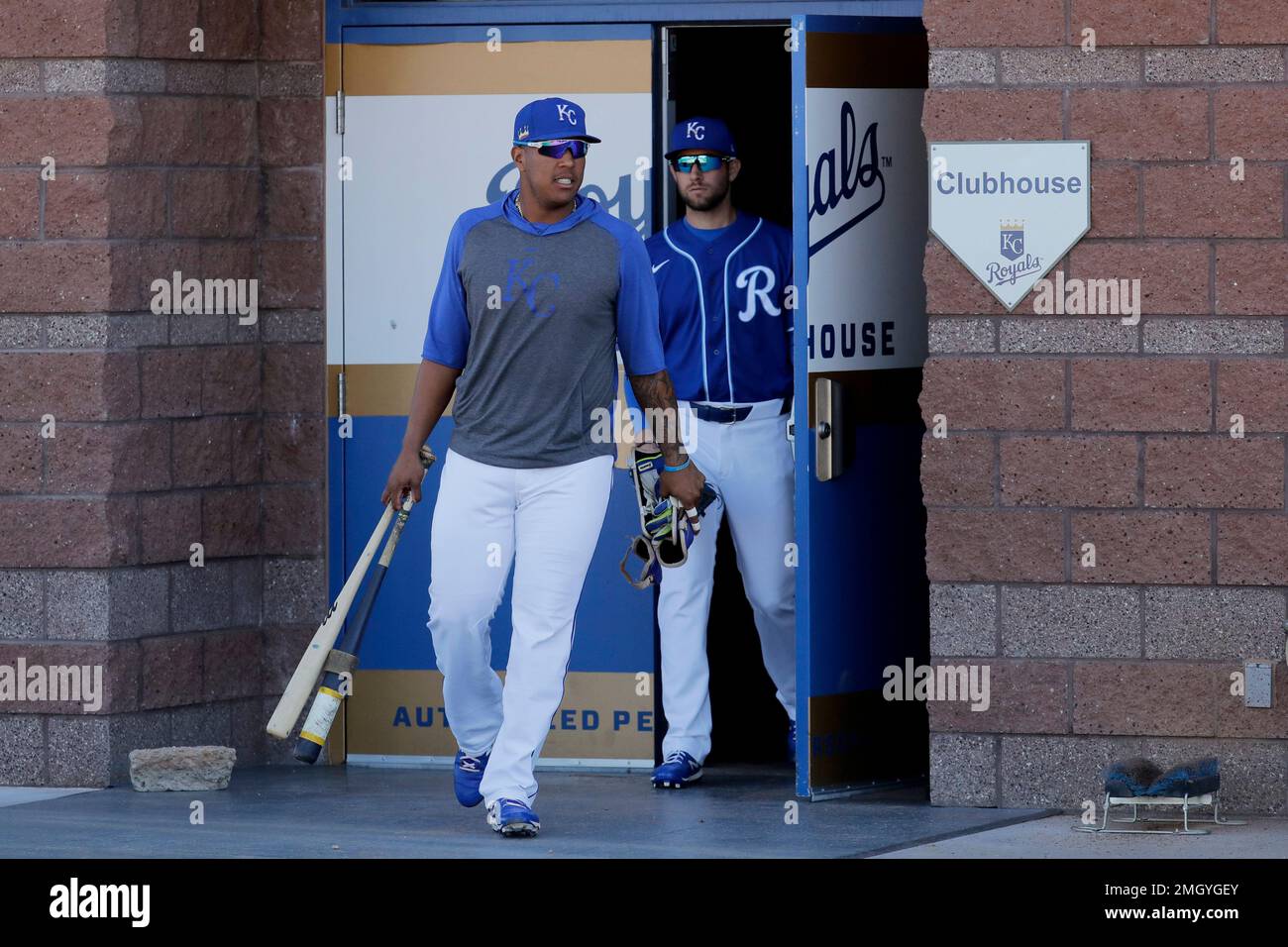Kansas City Royals Salvador Perez leads teammates out of the clubhouse ...