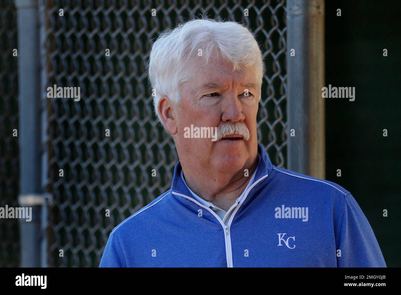Kansas City Royals owner John Sherman watches a workout during spring ...
