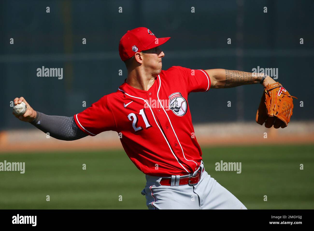 Cincinnati Reds relief pitcher Michael Lorenzen warms up during spring ...